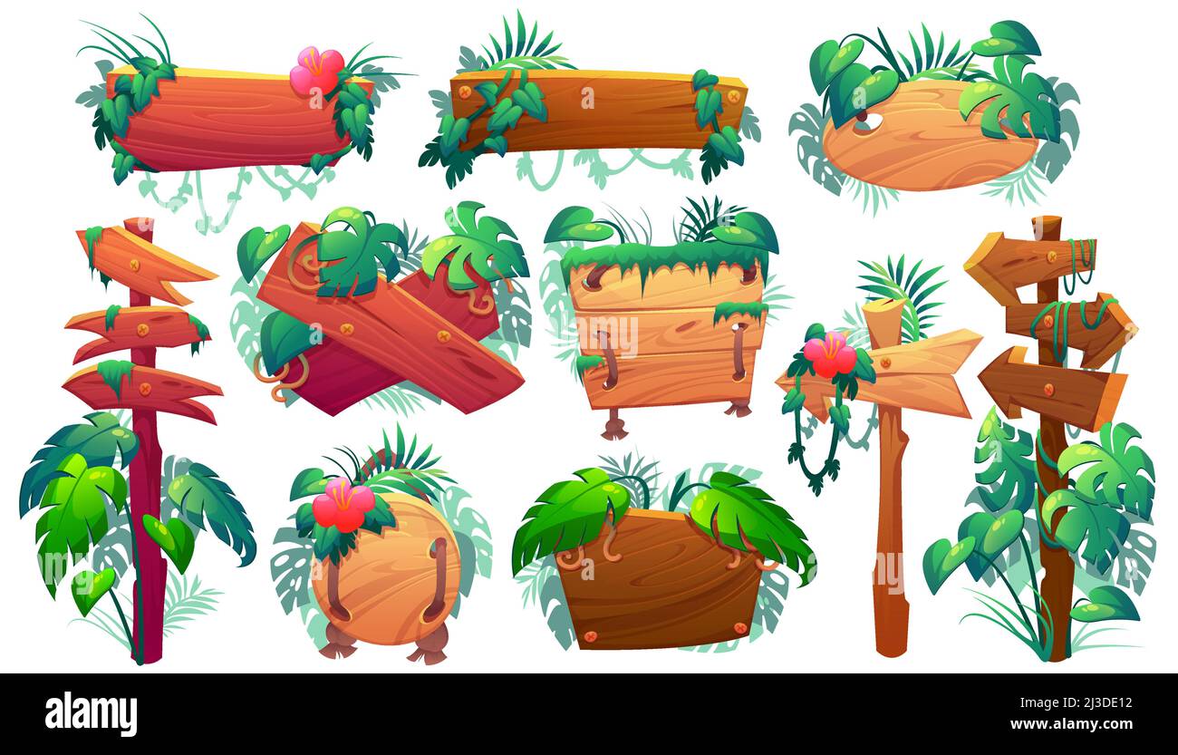 Wooden signboards in jungle, plank and pointers with green leaves and ...