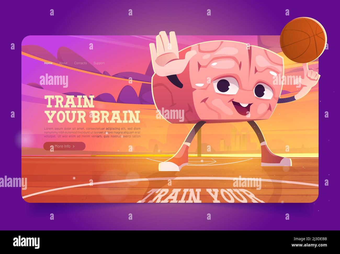 Train your brain banner with cute character with sport ball. Vector ...