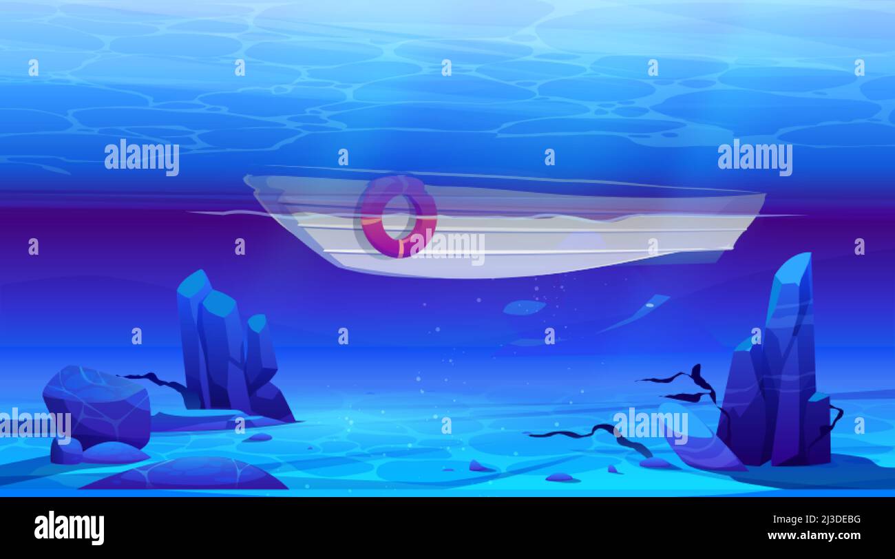 Boat underwater view, empty sea bottom with sand, seaweeds, rocks and ...