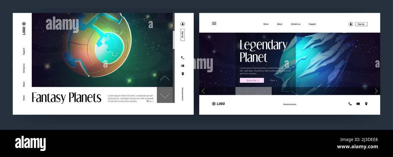 Fantasy planets in space cartoon landing pages. Futuristic satellite ...
