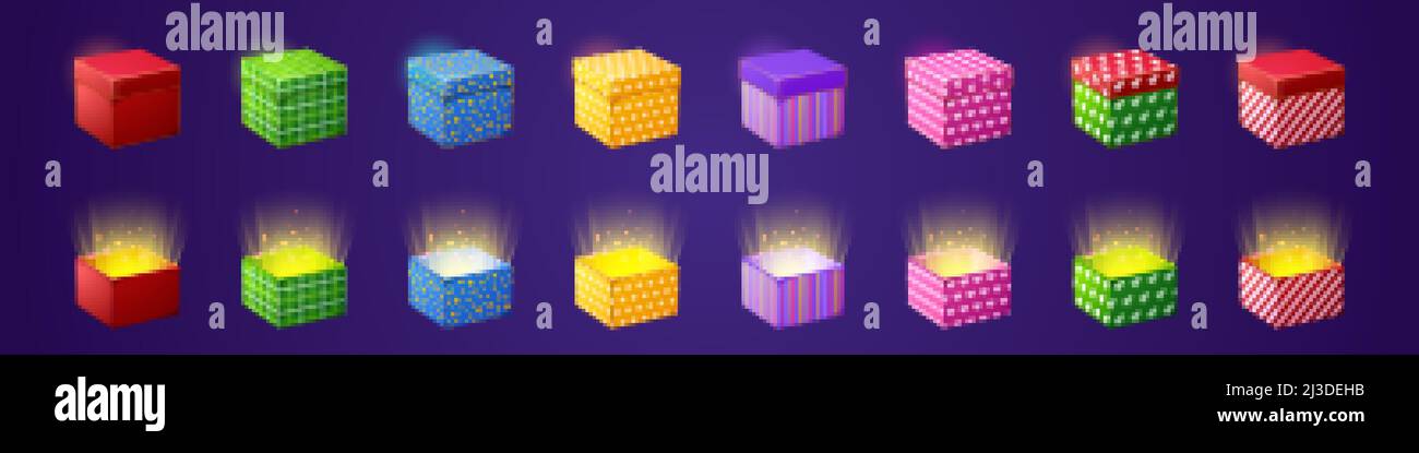 Gift box icons for game gui design. Vector cartoon set of colorful ...