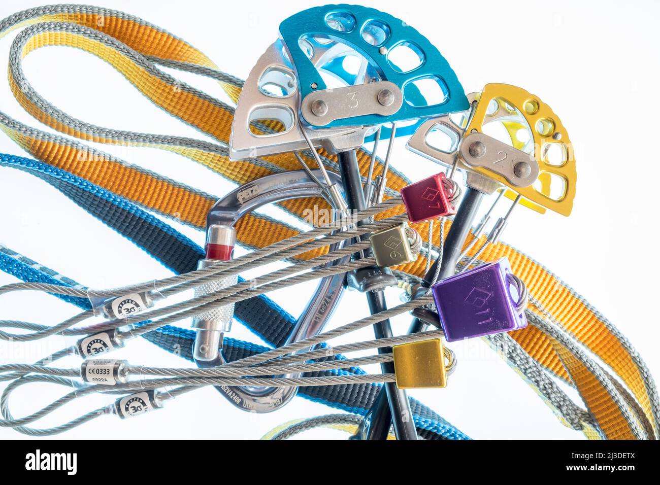 Rock climbing wire nut set, cams, carabiners and slings for traditional ...