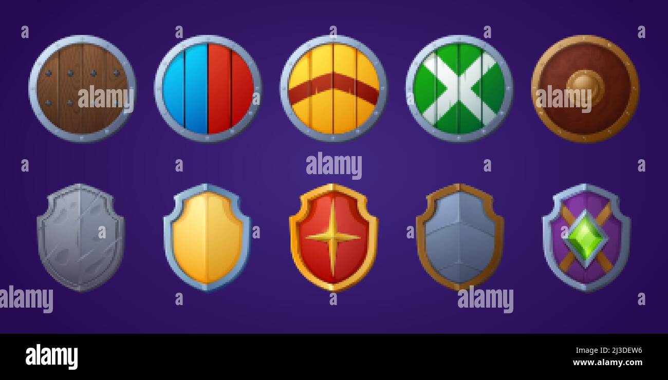 Set of game shields, cartoon fantasy medieval armor of metal and wood ...
