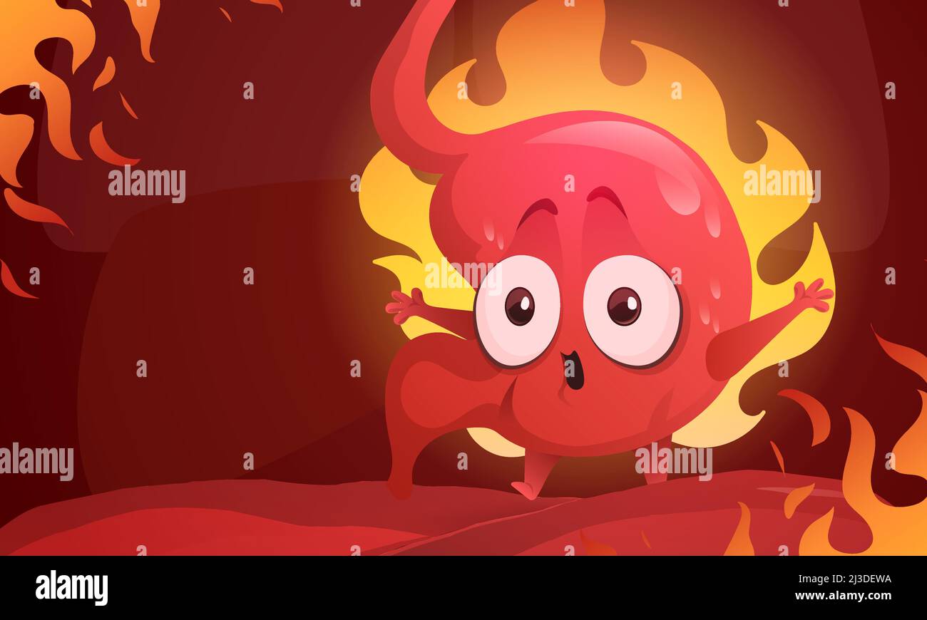 Cartoon stomach character burning in fire. Acid reflux, heartburn and ...