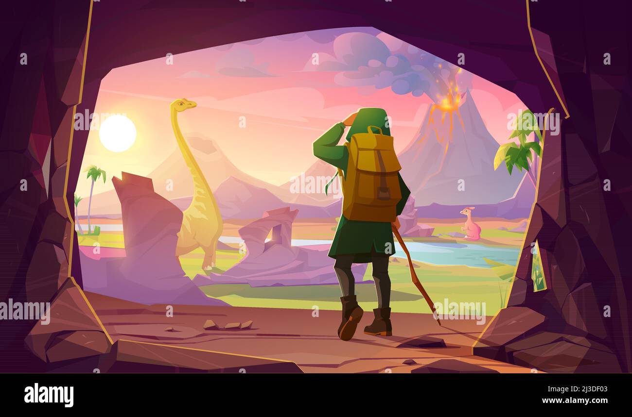 Traveler stand at cave looking on Jurassic era landscape with dinosaurs ...