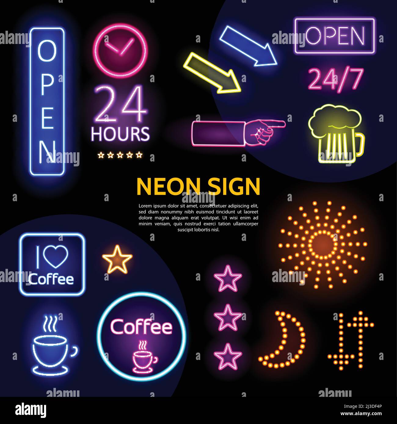 Electric neon signs template with colorful inscriptions frames arrows ...