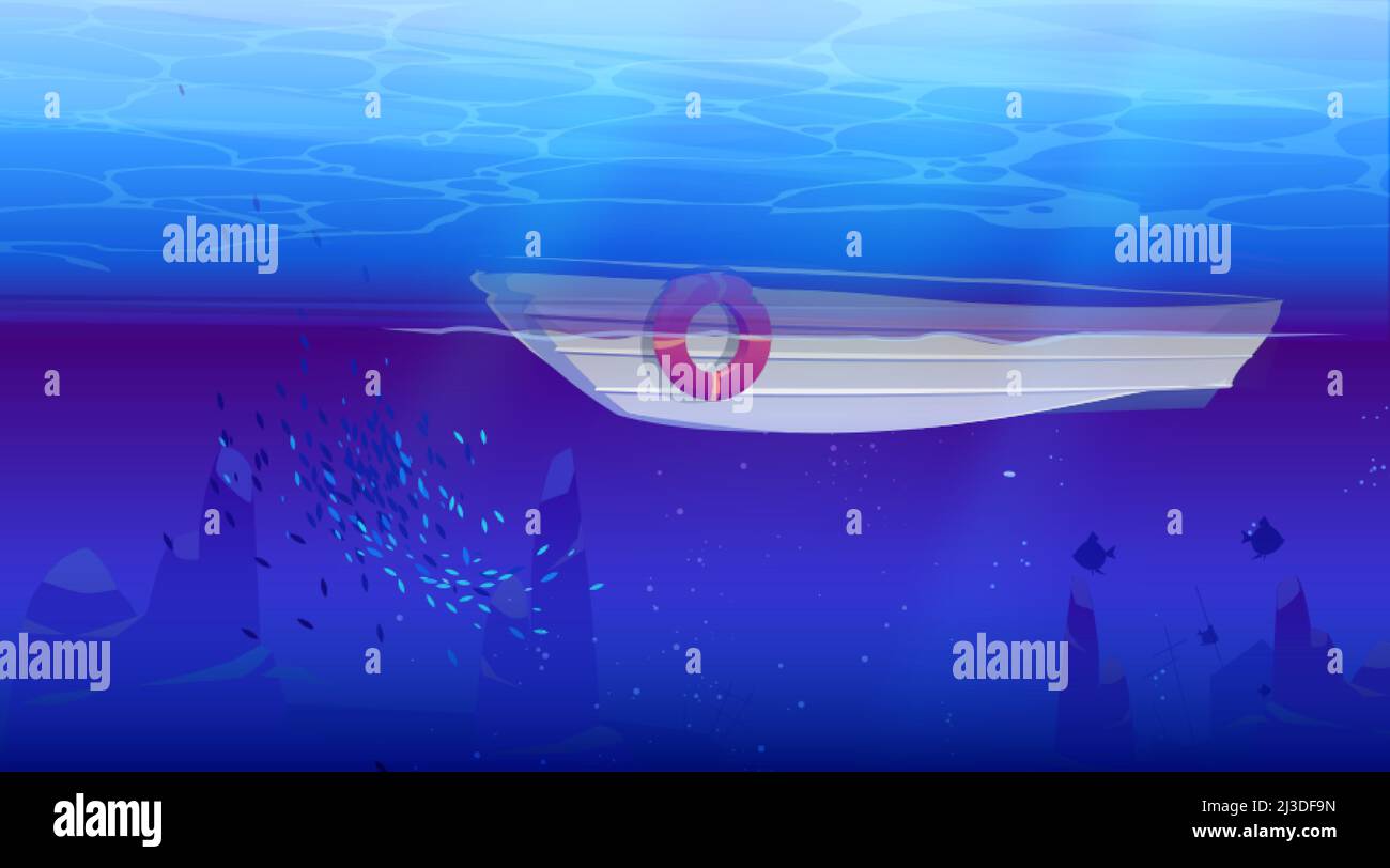 Underwater sea landscape with school of fish and boat. Vector cartoon ...