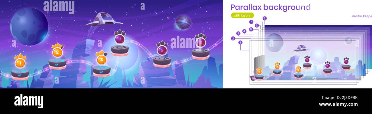 Mobile arcade with spaceship parallax background, interstellar shuttle ...