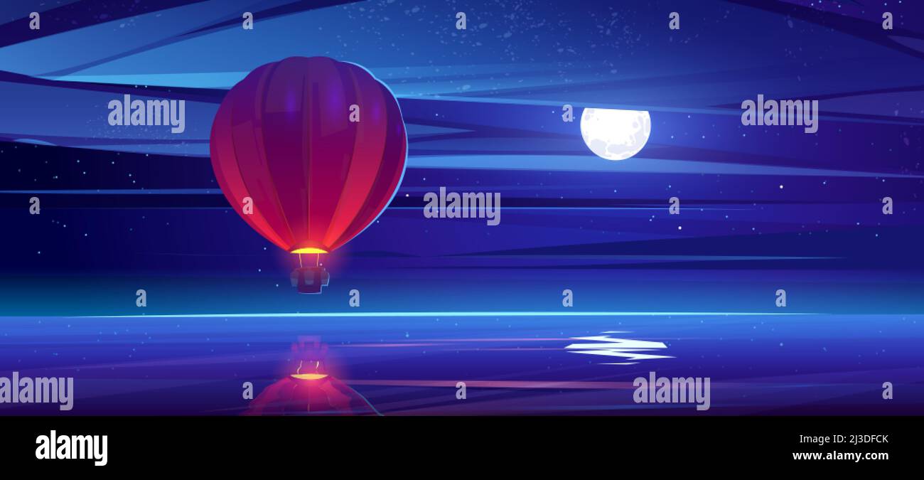 Air balloon flying above sea water at night sky with full moon, stars ...