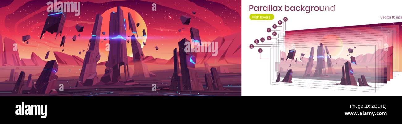 Parallax background alien planet surface futuristic 2d landscape ...