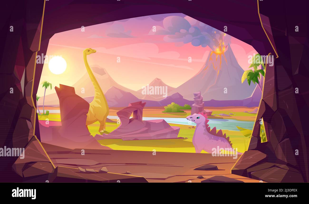 Prehistoric scene with stone cave entrance and summer landscape with ...