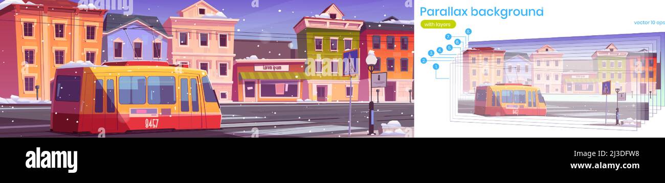 City street with houses, tram and empty road with pedestrian crosswalk ...