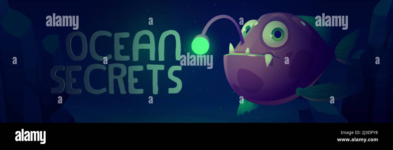 Ocean secrets cartoon banner with scary angler fish with glowing ...