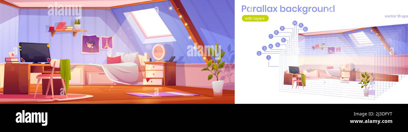 Parallax Background Girl Bedroom Interior On Attic Teenager Mansard