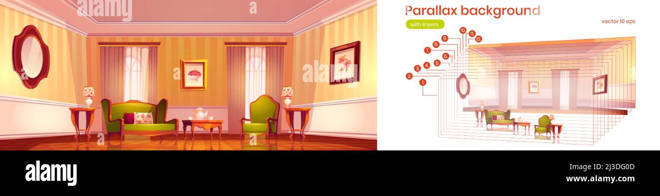 Living room in classic victorian style with sofa, armchair, mirror and ...