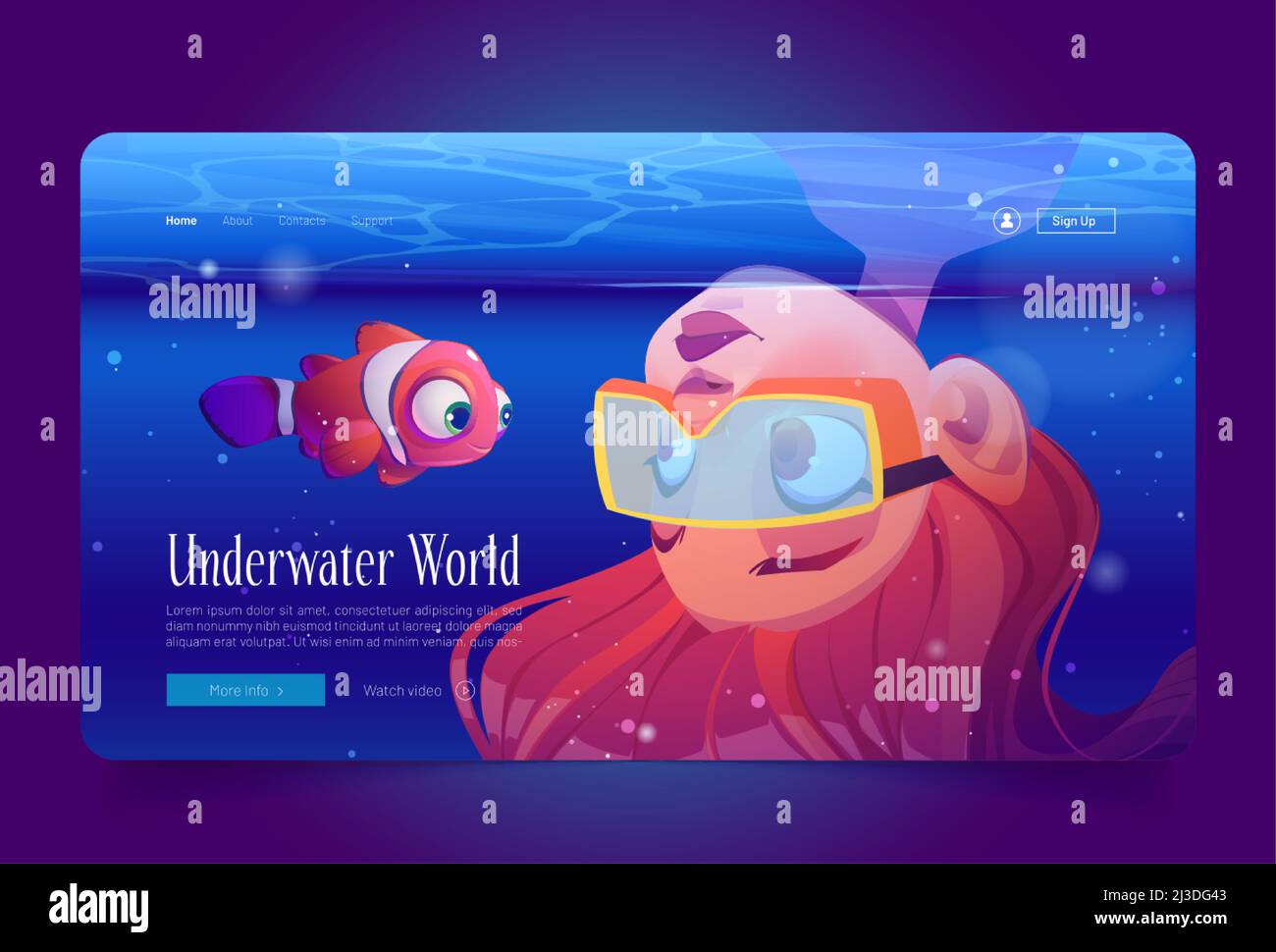 Underwater world cartoon landing page, scuba diver girl wear glasses ...