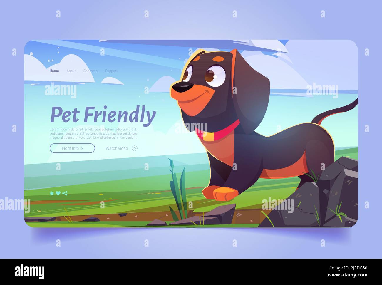 Pet friendly banner with cute dog on lawn. Vector landing page of ...