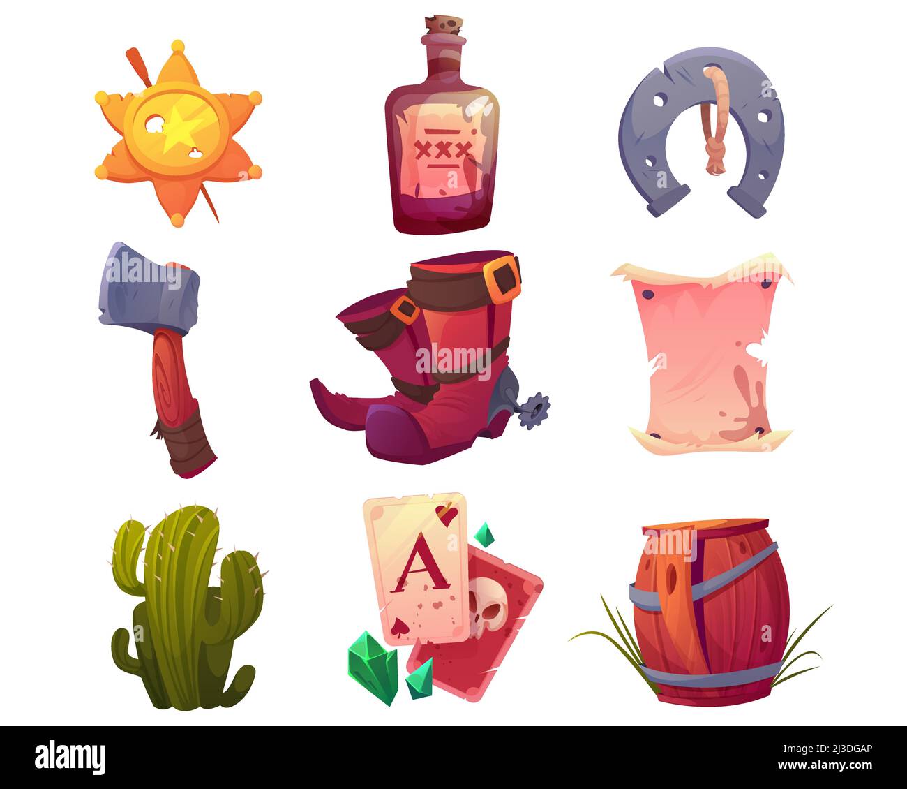 Wild west objects, cowboy boots, sheriff star badge, cactus and ...