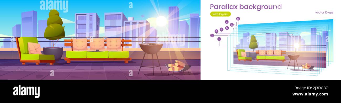 Parallax background summer cafe on roof, outdoor restaurant at rooftop ...
