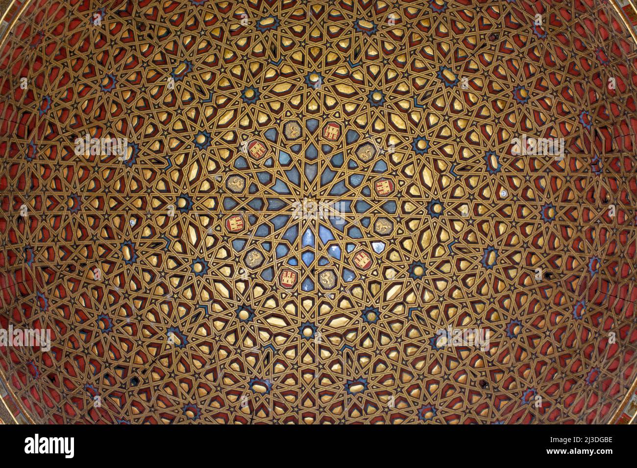 View on Mudejar style architectural details of wooden ceiling in royal ...
