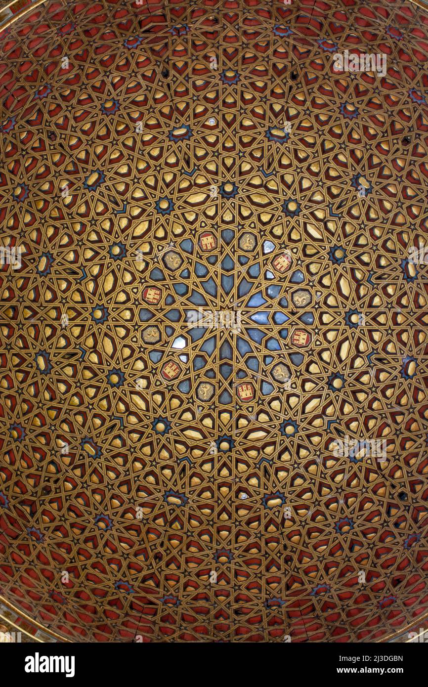 View on Mudejar style architectural details of wooden ceiling in royal ...