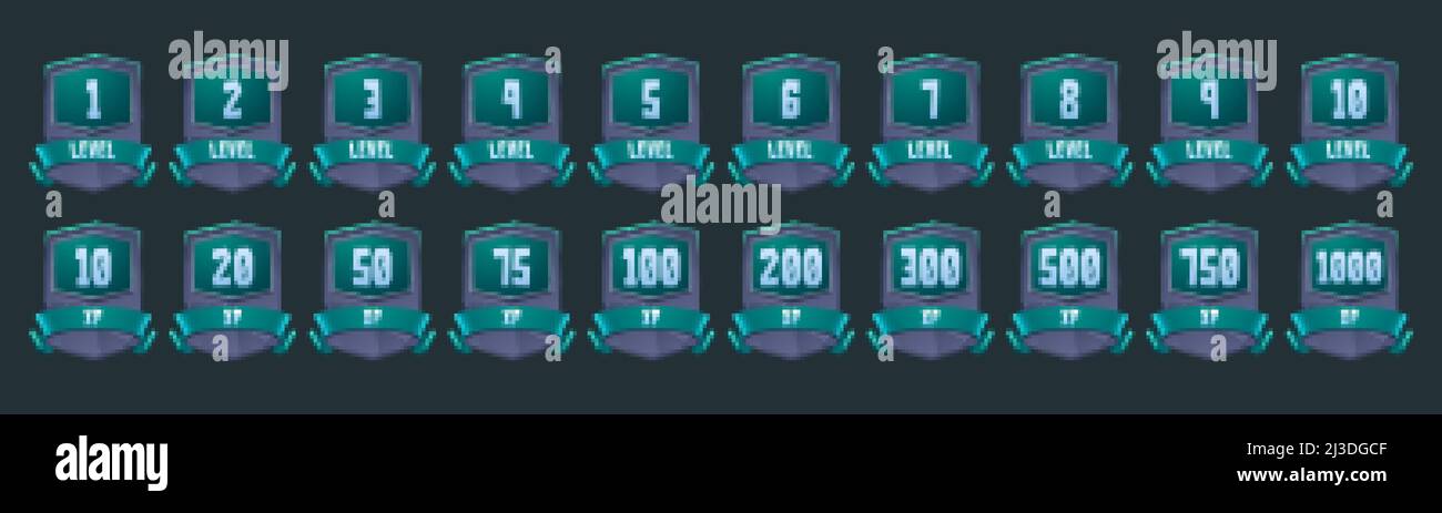 Old badges with level number and experience points for game ui design. Vector cartoon icons of ...