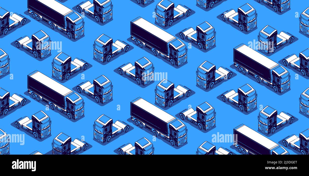 Seamless pattern with isometric trucks on blue background. Delivery ...