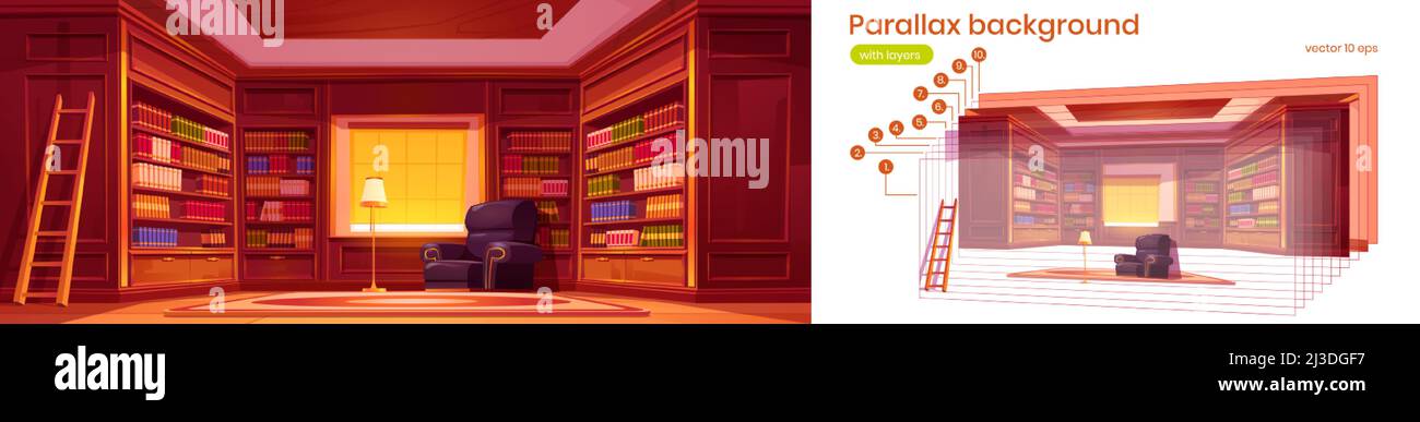 Library interior with bookcases, ladder, chair and lamp. Vector ...