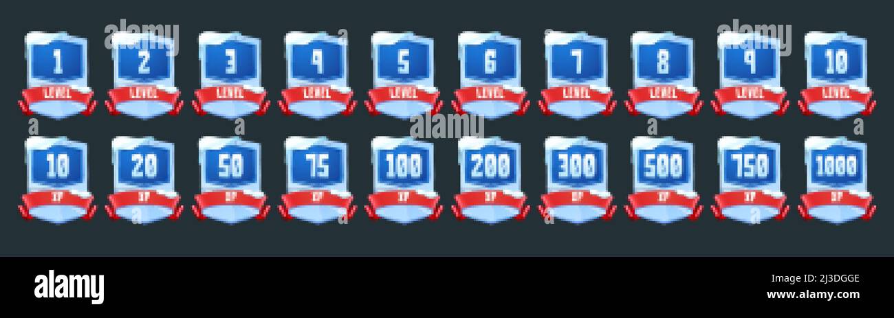 Ice badges with level number and experience points for game ui design. Vector cartoon icons of ...