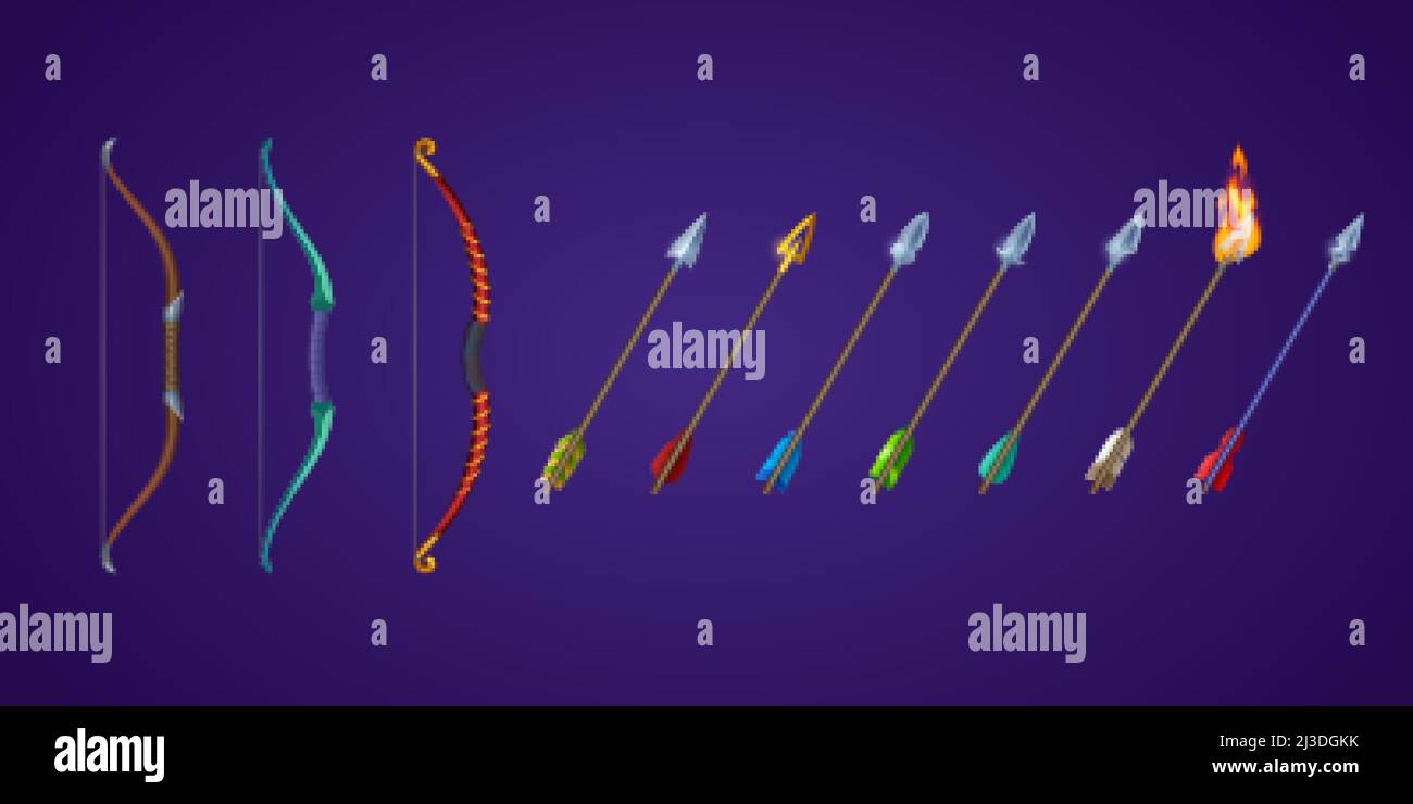 Set of bows and arrows for rpg game shop, vector medieval archery ui or ...