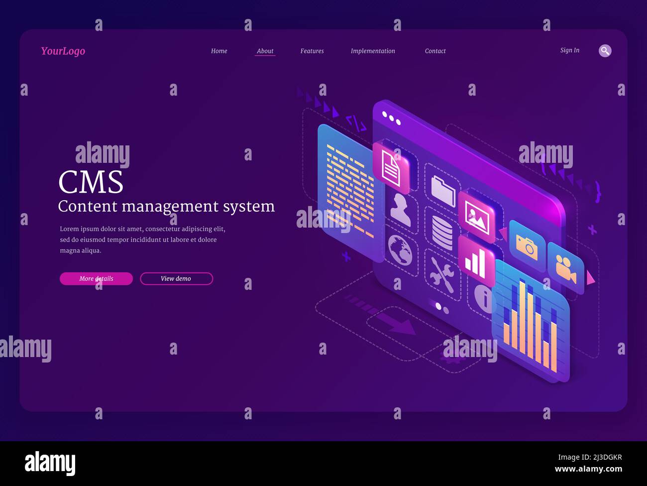 CMS, content management system isometric landing page. Computer desktop ...