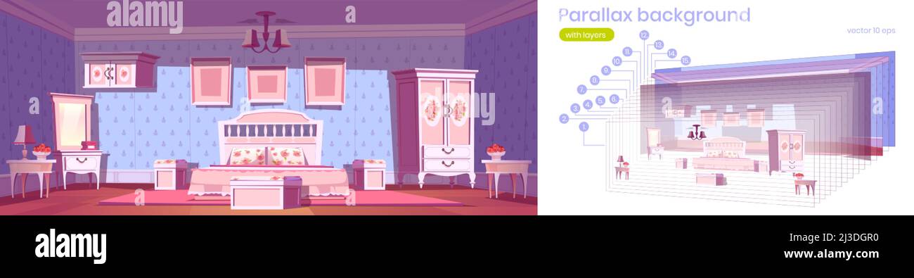 Bedroom in shabby chic style with bed, wardrobe and mirror. Vector ...