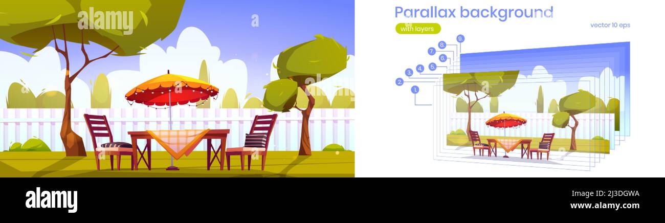 Backyard with furniture for picnic on lawn. Vector parallax background ...