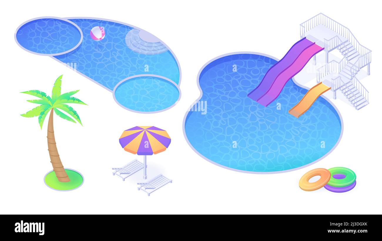 Isometric swimming pool, slides, palm tree and umbrella with chaise lounges, inflatable rings ...