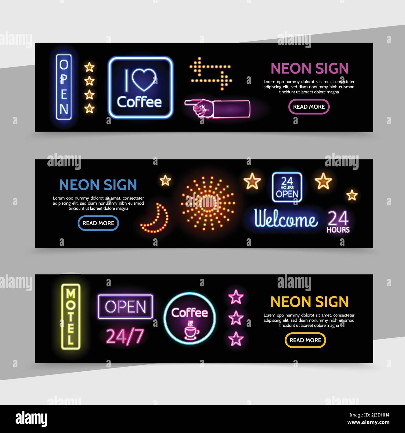 Advertising neon signs horizontal banners with bright frames colorful ...