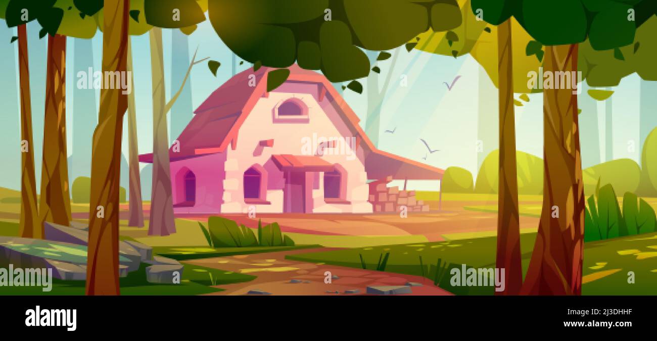 Summer forest with country house. Forester cottage with woodpile ...