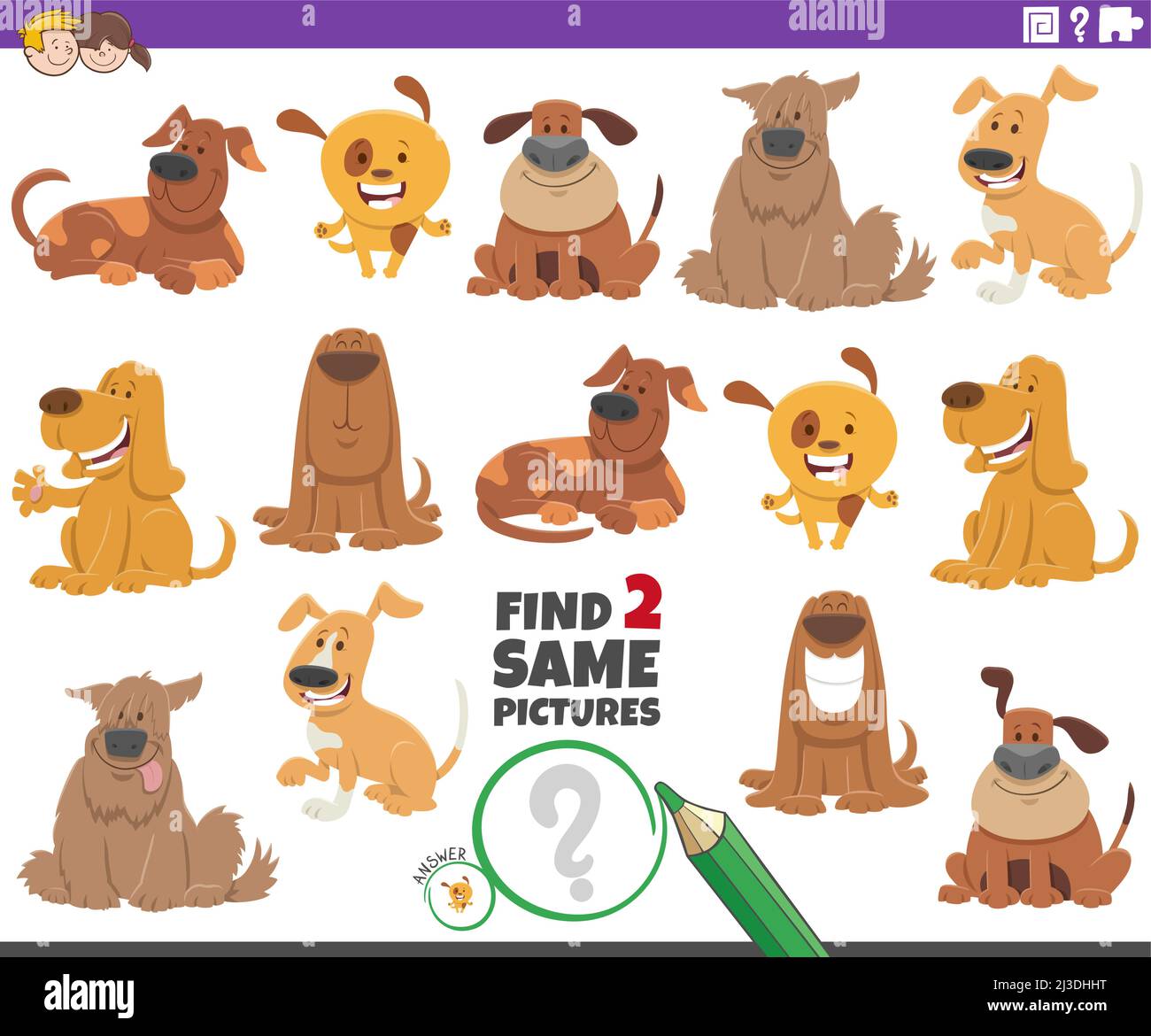 Cartoon illustration of finding two same pictures educational game with ...