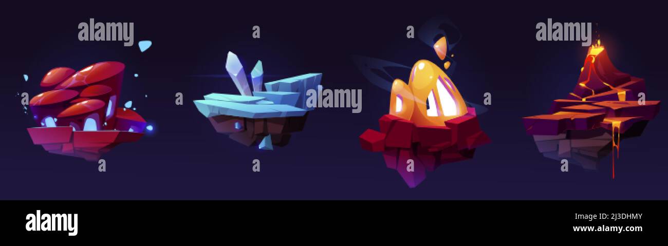 Fantasy flying islands for 2d ui game design. Vector cartoon set of ...