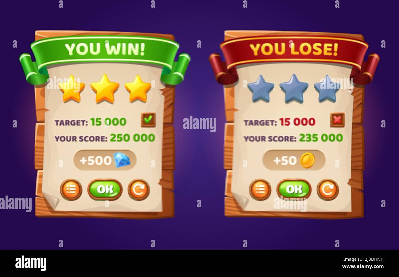 Game ui interface boards with level score, win or lose bar, golden ...