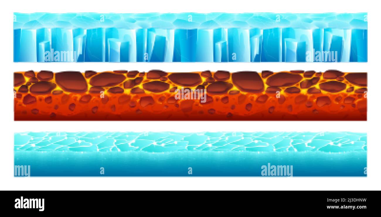 Game grounds with seamless texture of ice, water and lava. Vector ...