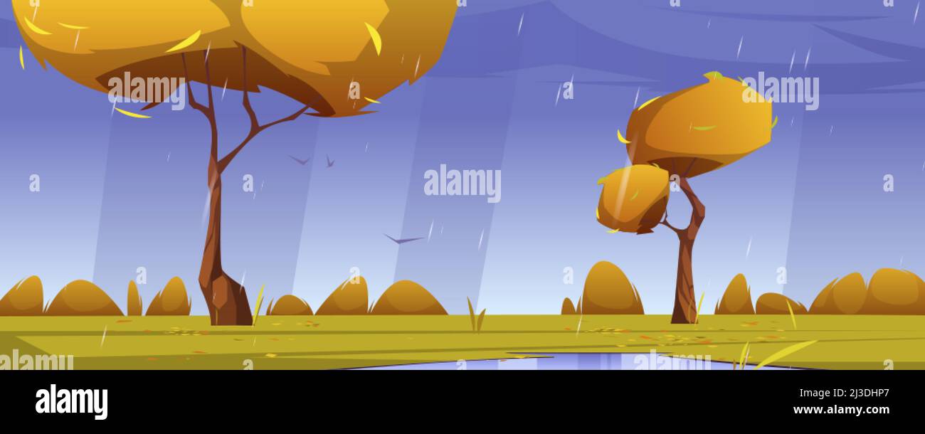 Autumn landscape with orange trees, bushes, rain and puddles. Vector ...