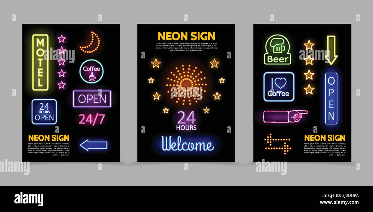 Neon signs promotional posters with illuminated frames colorful ...