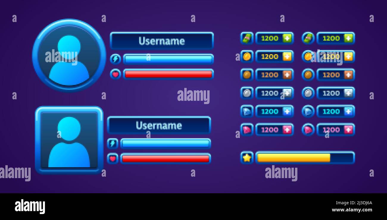 User profile ui game elements with avatar, bars and icons in round and ...