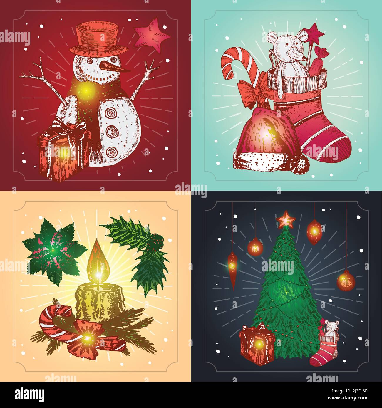 Christmas hand drawn glowing compositions with festive decorations rays ...