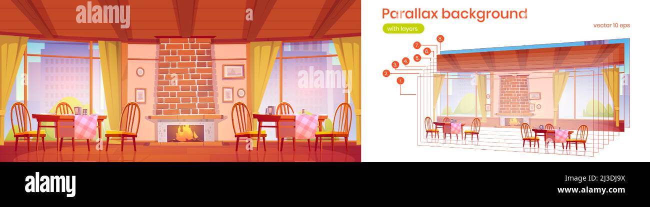 Cozy cafe or restaurant with fireplace and wooden furniture. Vector ...