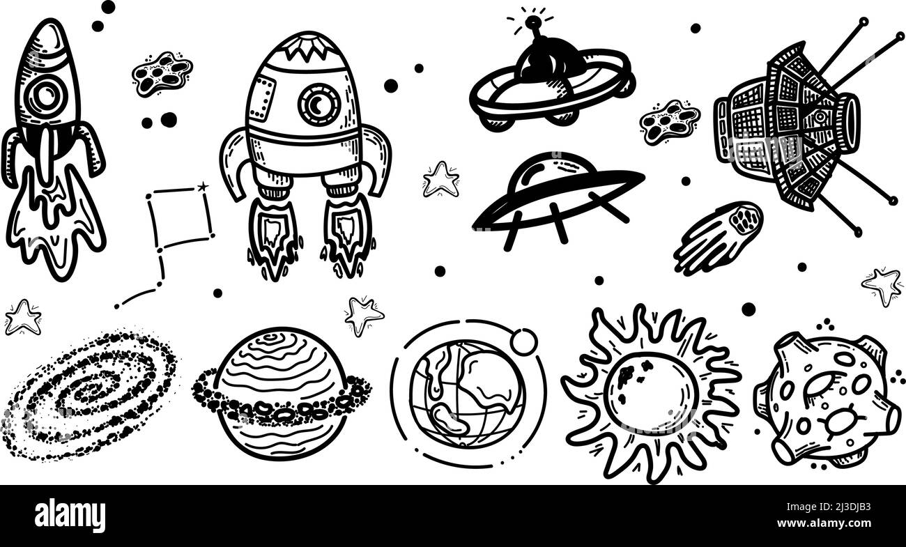 Set of flying transport, satellite, planets, comets and stars. Hand ...