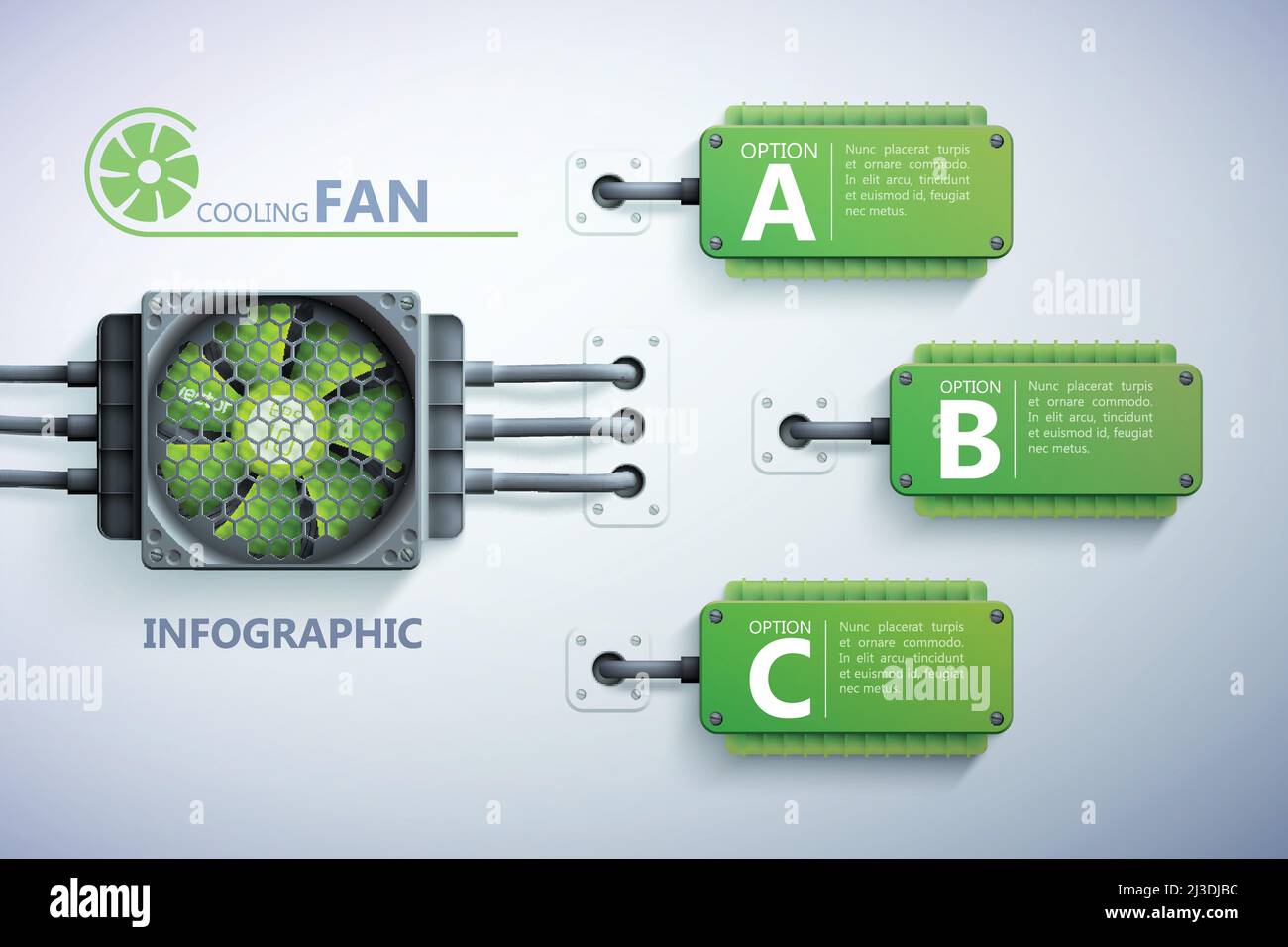 Infographic realistic concept with green computer cooler cooling ...