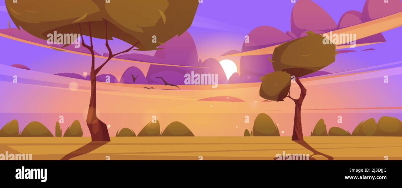 Cartoon dusk nature landscape green field with grass and trees under ...