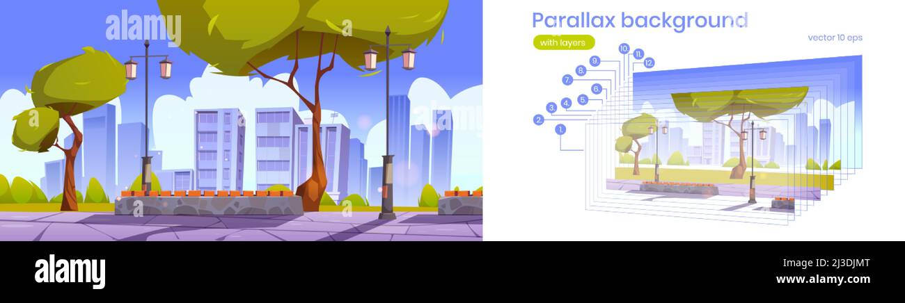 City park with bench, lanterns and town buildings on skyline. Vector ...