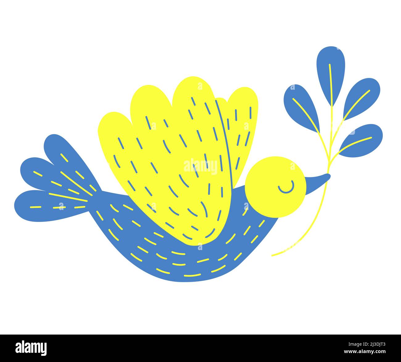 Decorative yellow-blue bird. dove of peace with branch in its beak ...